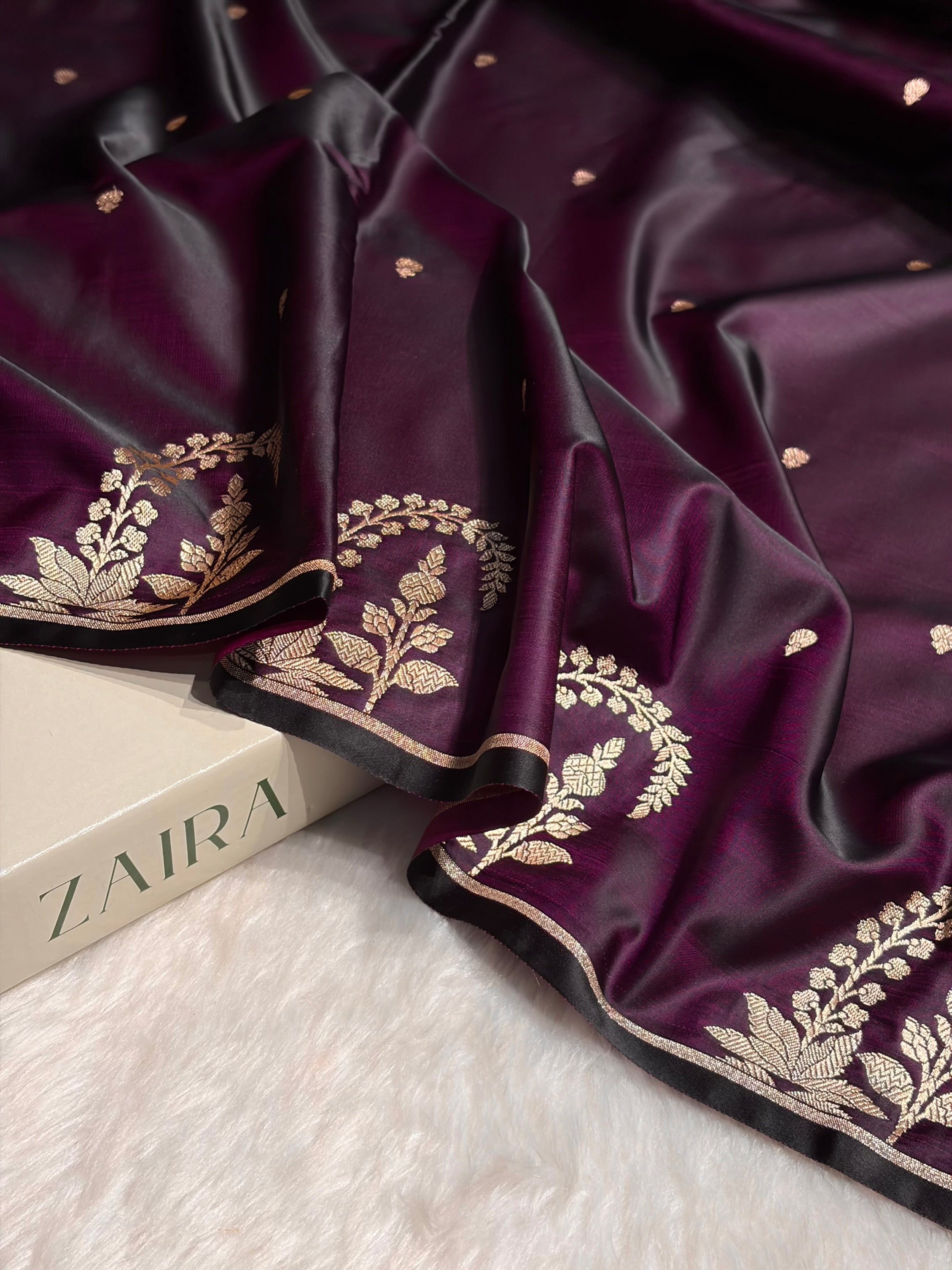 Dark Purple Boota With Floral Border Mashru Silk Saree MSM-95 – ZAIRA