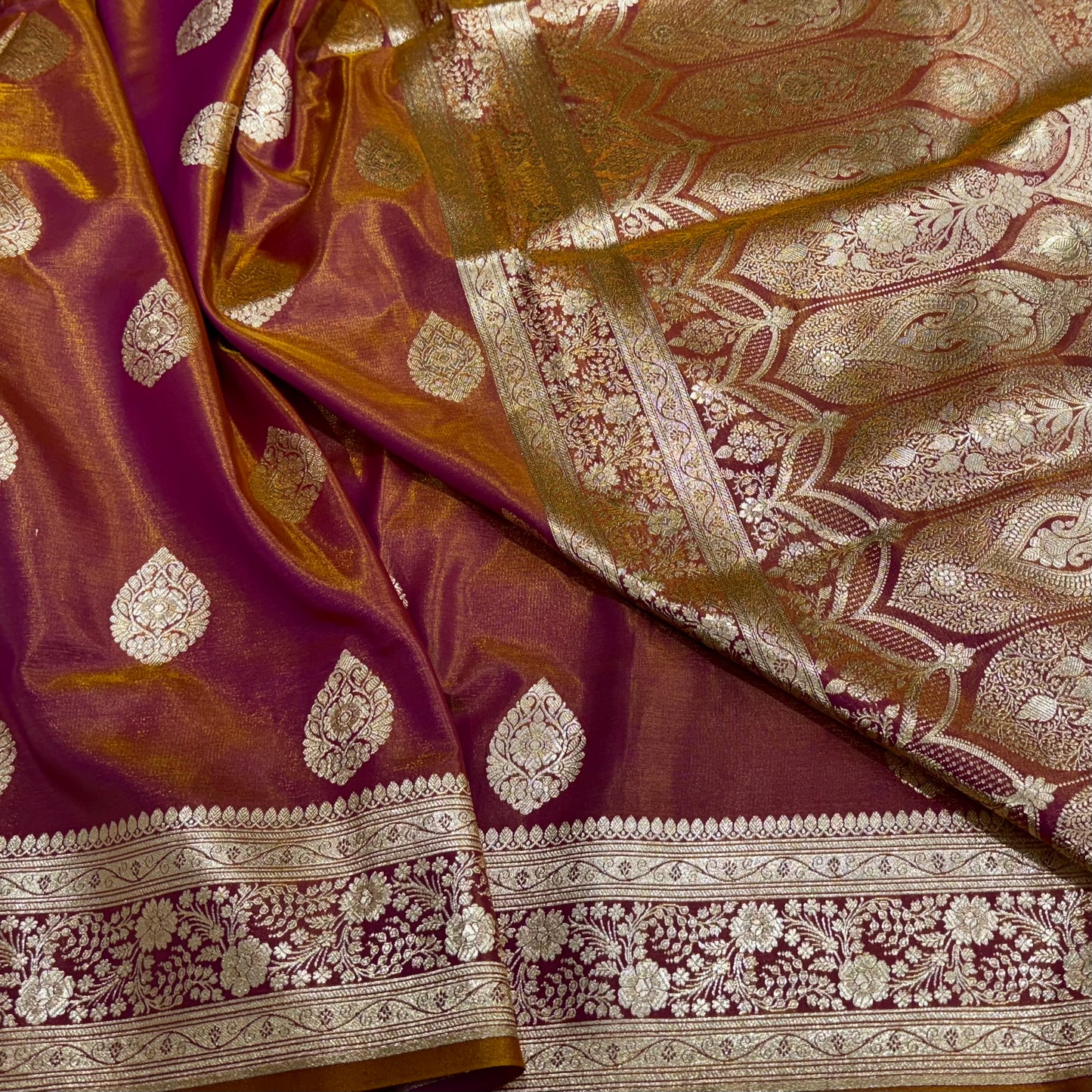 Ultra Light Weight Satin Silk Maganta-Gold Boota – ZAIRA