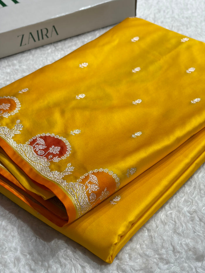 Banarasi Yellow Shades With Minakari Floral Mashru Silk Saree MS91 – ZAIRA